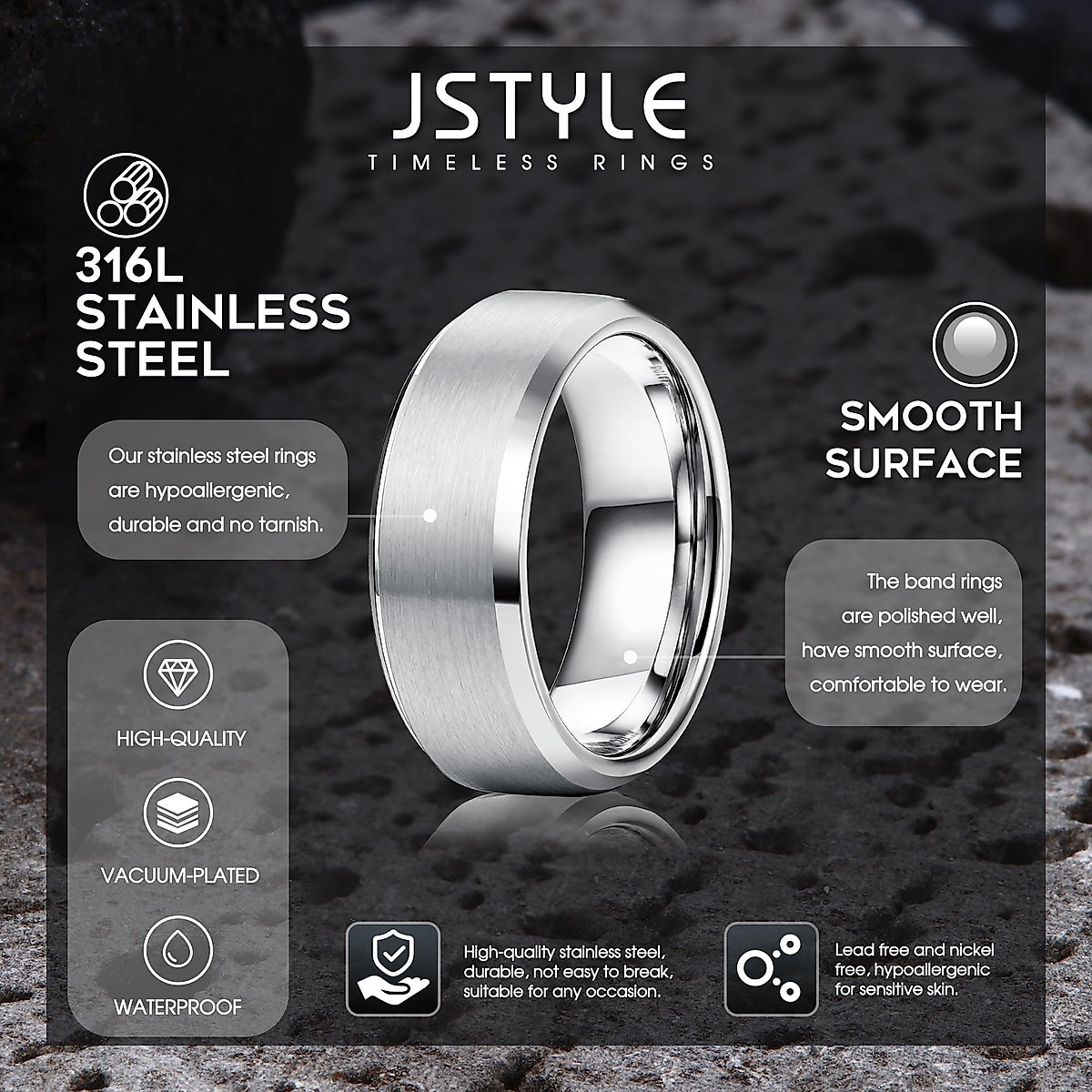 Jstyle Stainless Steel Rings for Men Wedding Ring Cool Simple Band 8 MM 3 Pcs A Set (9.5)