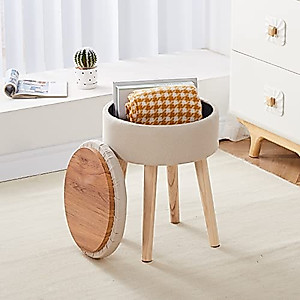 Mxfurhawa Storage Ottoman Linen Round Vanity Stool Tray Top Modern Foot Stool with Wood Legs Multifunctional Upholstered Foot Ottoman Rest for Living Room, Bathroom, Makeup (Beige)