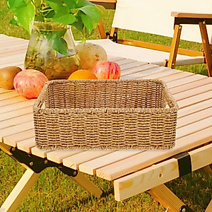 Luxshiny Woven Basket With Handle, Magazine Wicker Basket Seaweed Rectangular Basket Bins Rattan Basket Bin Books Case Farmhouse Standing Rack For Shelf Home
