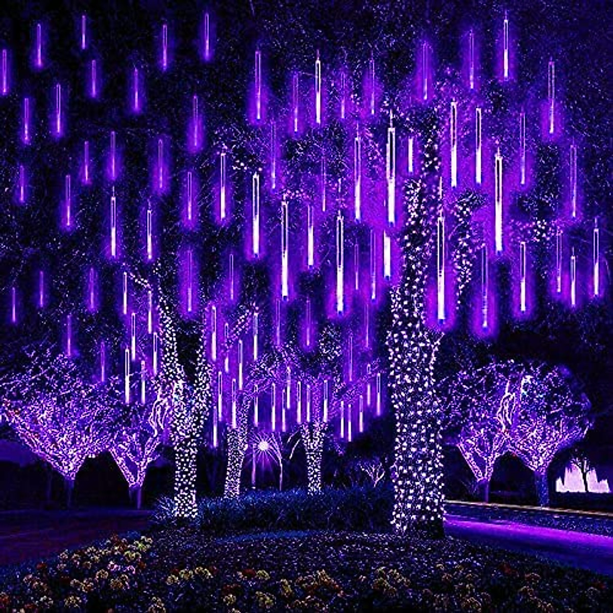 WAKAKA 2 Pack Purple Solar Christmas Lights Outdoor Waterproof, Total 16 Tubes 288 LED Solar Meteor Shower Lights, Falling Rain Lights for Outside Tree Christmas Decorations