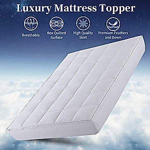 HOMBYS Queen Size Feathers & Down Mattress Pad Cover, Luxury Extra Thick Fluffy Pillow Top Mattress Topper, Fitted Deep Pocket Quilted Bed Topper with 100% Cotton Fabric, Hotel Collection(White,Queen)