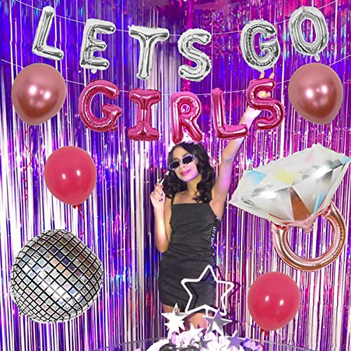 Western Cowgirl Let's Go Girls Bachelorette Party Decoration Hot Pink Nashville Bridal Shower Bachelorette Balloon Garland with Lets Go Girls Banner Ring Disco Balloon for Western Bridal Shower