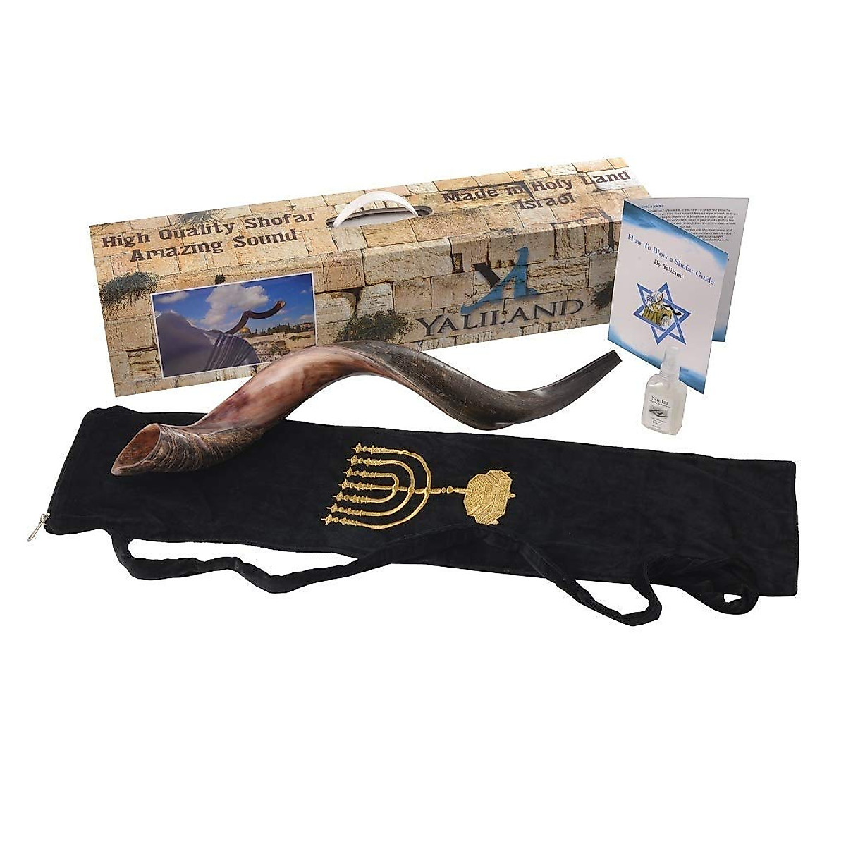 SHOFAR Set Half Polished Half Natural Kudu Horn Yemenite + Bag + Spray + Guide + Carrying Box Case (30"-32") From Israel