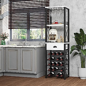 Homeiju Wine Rack Freestanding Floor, Bar Cabinet for Liquor and Glasses, 4-Tier bar Cabinet with Tabletop, Glass Holder, Storage Drawer and Wine Storage for Living Room, Home Bar(Patent No.D29872845)