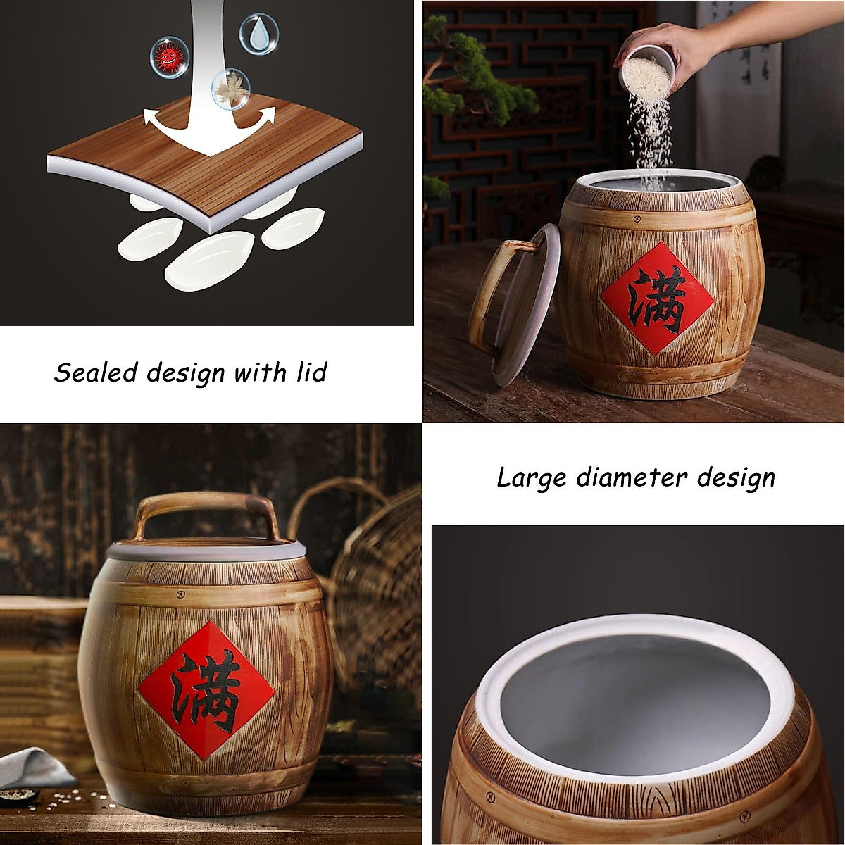 Yidlkecqey Rice Dispenser，Household Large Capacity Ceramic Rice Bucket ，Ceramic Decorative Jar，Chinese Sealed Rice Container，Sealed Rice Storage Jar Suitable for Cereal, Flour, Sugar, Coffee, Rice(