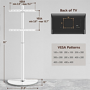Universal Corner TV Floor Stand with Swivel Mount for 32-65 inch LED LCD Plasma Flat Panel or Curved Screen TVs, Mid Century Modern TV Stand with Height Adjustable and Semi Circular Glass Base, White