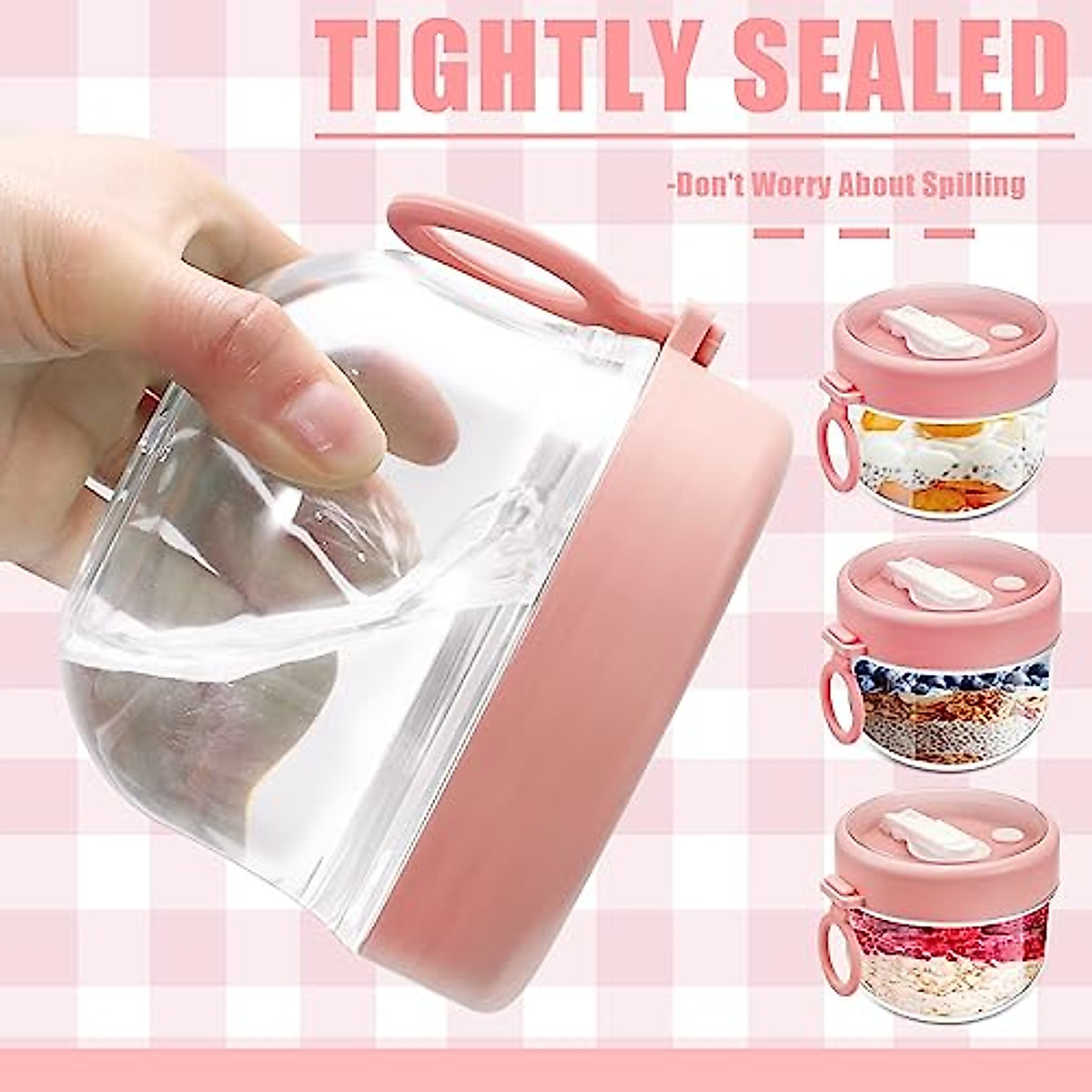 JACTZ Overnight Oat Containers with Lids and Spoons,20oz Overnight Oats Jars,Leakproof Dessert Cups for Yogurt Breakfast On The Go Cups,Oatmeal Container Snack Containers (3pink)