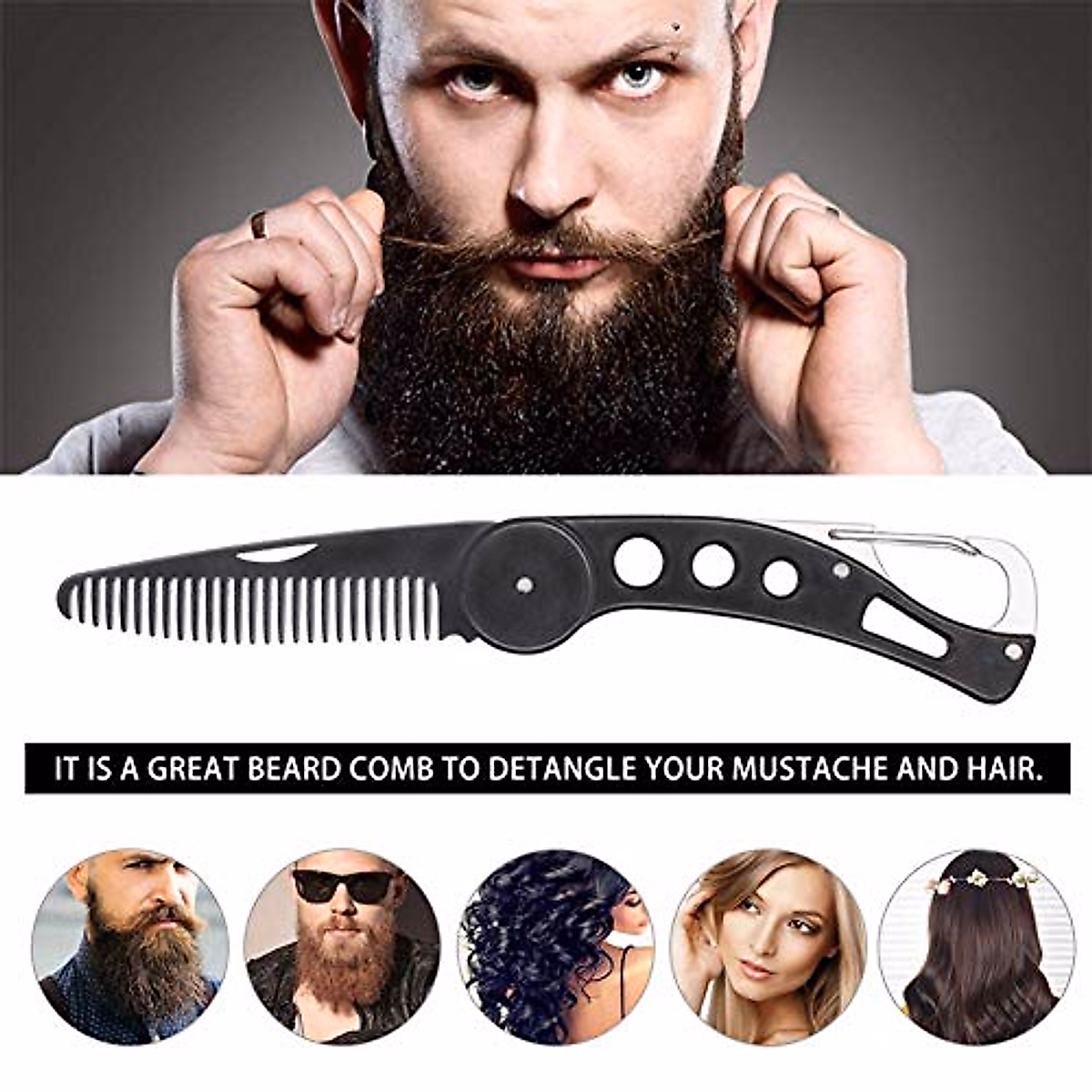 Stainless Steel Folding Beard Comb, Portable Multifunction Anti Static Fine to Medium Metal Hair Comb for Men Grooming, Combing Hair, Beard, and Mustache Styling