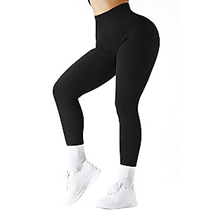 SUUKSESS Women Ribbed Seamless Leggings High Waisted Tummy Control Workout Yoga Pants (Black, L)