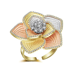 Mytys Three Color Gold Flower Rings for Women Fashion Crystal Setting Statement Ring Tricolor Gold Size 8