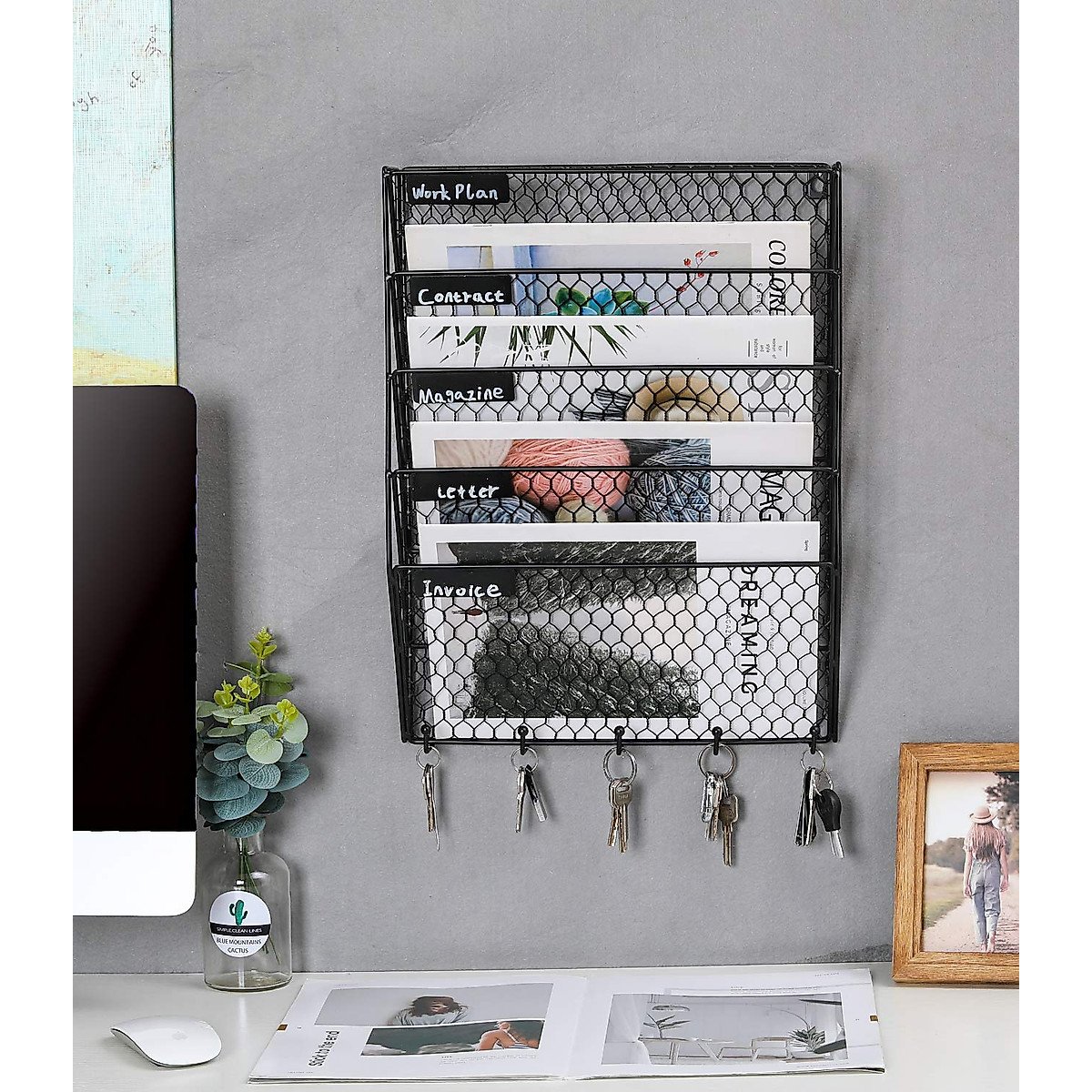 PAG 5 Tier Wall File Holder Hanging Mail Organizer Metal Chicken Wire Wall Mount Magazine Rack with hooks for Home and Office, Black