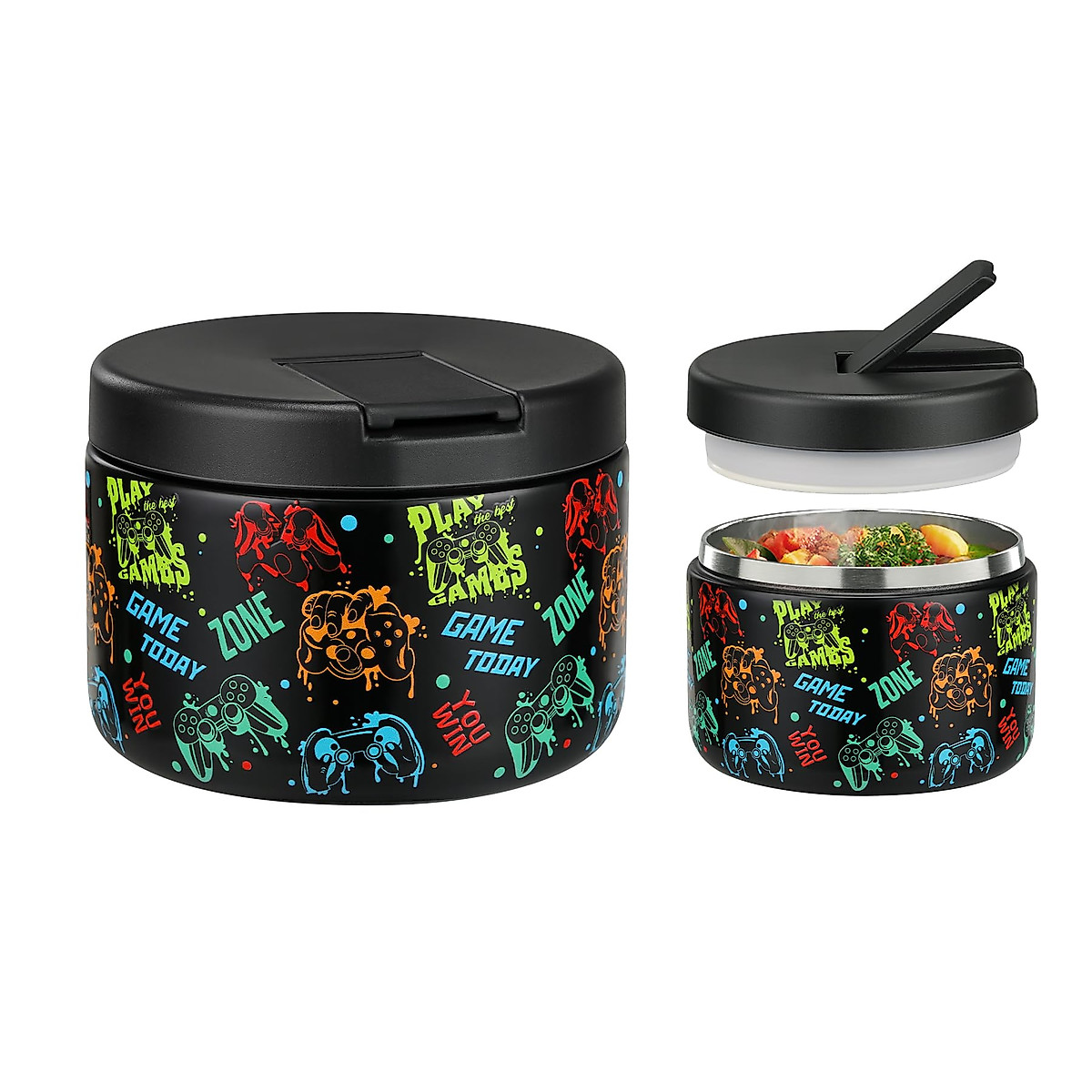 LOHASOK 12oz Kids Soup Thermo for Hot Food Insulated Vacuum Food Jar with Buckle Lid, Stainless Steel Wide Mouth Leak Proof Lunch Container for School Travel 1 Pack, FOOD JAR-HGAME-10 OZ