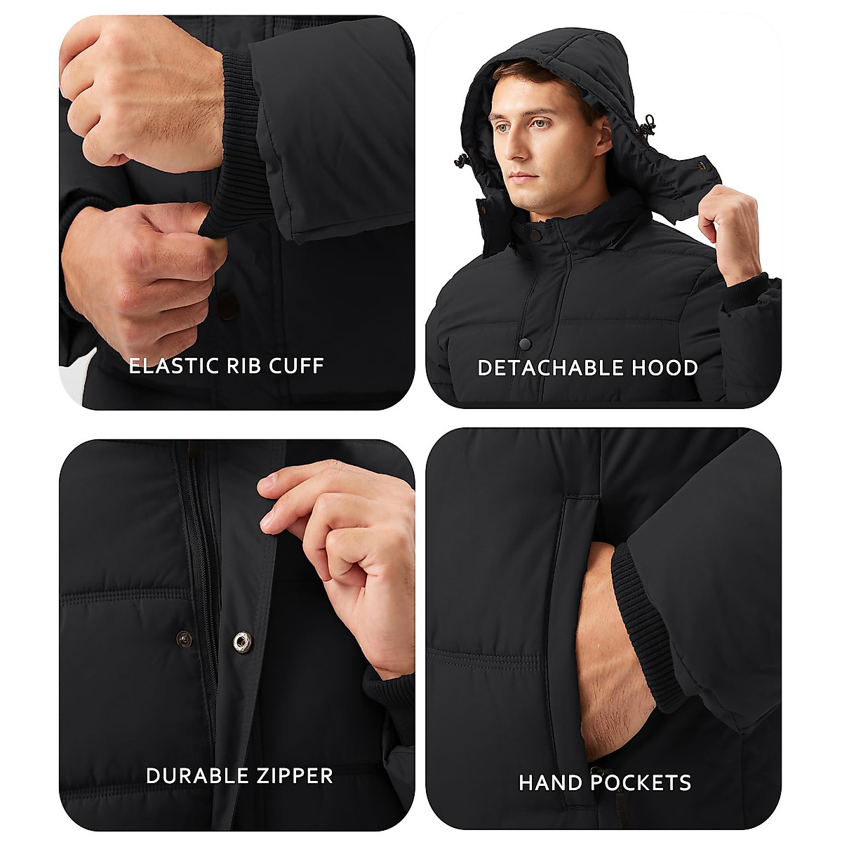 GGleaf Men's Hooded Winter Coat Warm Puffer Jacket Thicken Quilted Jacket Large Black