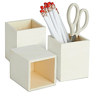 3-Pack Unfinished Wood Pencil Holder Cups for Office Supplies, Wooden Pen Organizer for Desk Organization, Classroom, Home, Accessories Storage, Arts and Crafts (3x3.5 in)