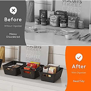 Lifewit Plastic Storage Basket, 7 Pack Stackable Storage Bins for Organizing, Multi Size Open Containers for Shelving, Pantry, Office and Cabinet, 5 Large and 2 Small Size, Black