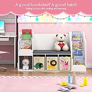 Jiansu furni,Kids Bookshelf with Reading Nook,Toy Storage Organizer with Seat Cushion,Kids Reading Nook with Bench for Playroom,Bedroom and Living Room,White