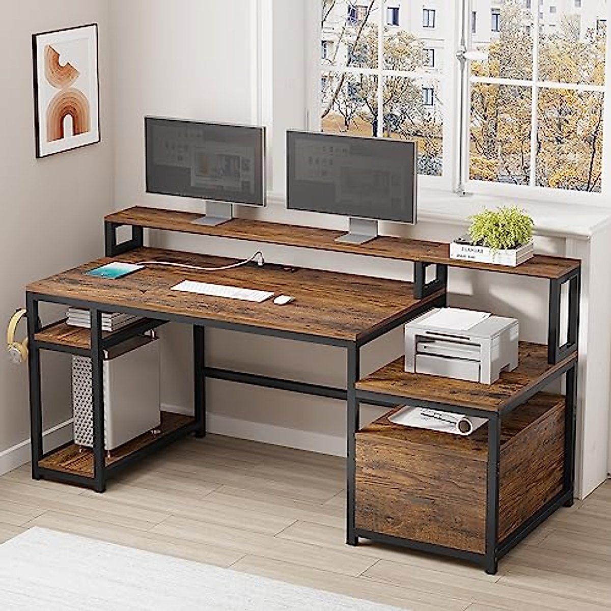 SEDETA Home Office Desk with File Drawer & Power Outlet, 66'' Computer Desk with Storage Shelves, Printer Cabinet and Monitor Shelf, Computer Table Writing Desk Workstation, Rustic Brown