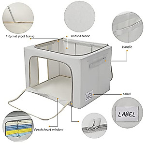3 Pack Clothes Storage Organizer Bins - Foldable Metal Frame Storage Bins Stackable Oxford Cloth Fabric Container Organizer Set with Carrying Handles and Clear Window (Large-66L, Gray)