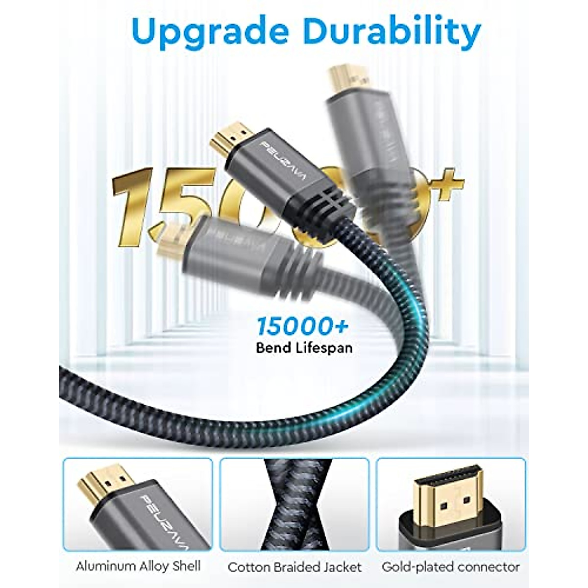 PEUZAVA 8K HDMI Cable 10ft, 48Gbps Ultra High Speed HDMI 2.1 Cord, 8K@60HZ 4K@120Hz eARC HDR10 HDCP 2.2&2.3 Dolby Compatible with PS5 PS4 Xbox Series X Switch Apple Samsung Sony LG Roku TV Blu-ray