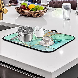 Teal Marble & Golden Swirls Dish Drying Mat for Kitchen, Small Microfiber Easy Storage Drying Pad, 16" x 18"