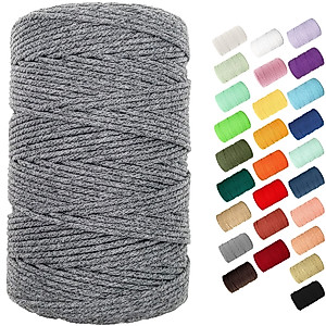 Macrame Cord, BYWORLD 3mm Cotton Rope 220 Yards(200m) Twine String, 100% Natural Cotton Colored Macrame Rope for Macrame Kit, Plant Hangers, Wall Hanging, Christmas or Wedding Decorative(Grey)