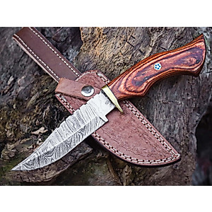 Custom Handmade Hunting Knife Skinner Fixed Blade Knife Damascus Steel 10'' Overall Rose Wood With Sheath