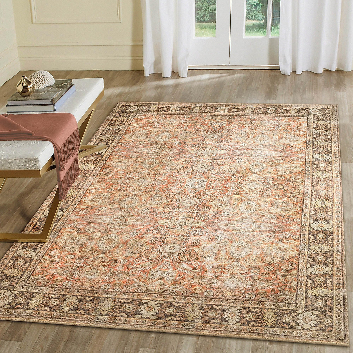 Liora Manne Inspirations Indoor Printed Polyester Low Profile Area Rug - Traditional Border Casual Floral Oriental (Sarouk Blush) (5' x 7'6")