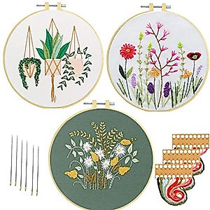 Nuberlic 3 Pack Embroidery Kits for Beginners Starters Cross Stitch Kits with Pattern for Adults Kids Craft Stamped Embroidery Cloth 3 Hoops Threads Needles