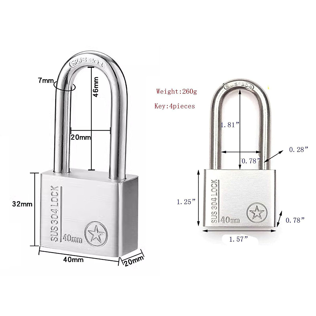 Padlock 40mm Long Beam Gym Locker Lock Keyed Padlocks,Stainless Padlock with 4 Keys，Stainless Lock with Key Padlock,Suitable for Gym Locker Lock,toolboxes,Doors, Fence,(Silver)