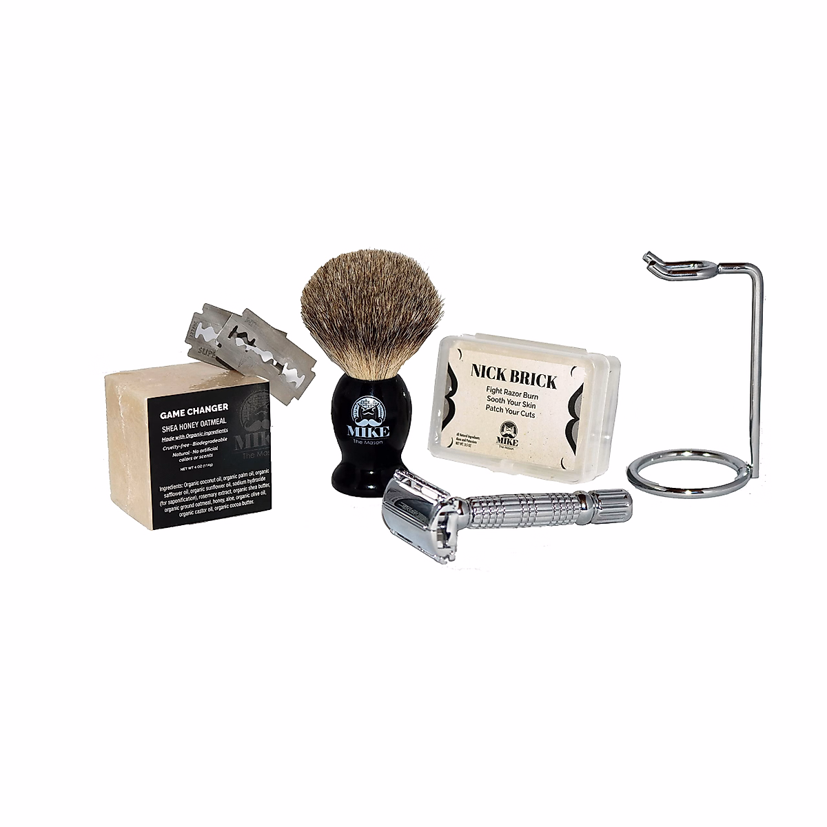 Complete Wet Shave Kit | Mike the Mason | Gift Set Includes: Hawk Safety Razor, Pure 100% Badger Hair Brush, Organic Honey Oatmeal Shave Bar, Nick Brick, 5 Premium Mens Blades, and a Razor Stand