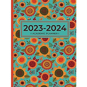 Academic Planner 2023-2024 Large | Funky Sunflower Teal Garden: July - June | Weekly & Monthly | US Federal Holidays and Moon Phases