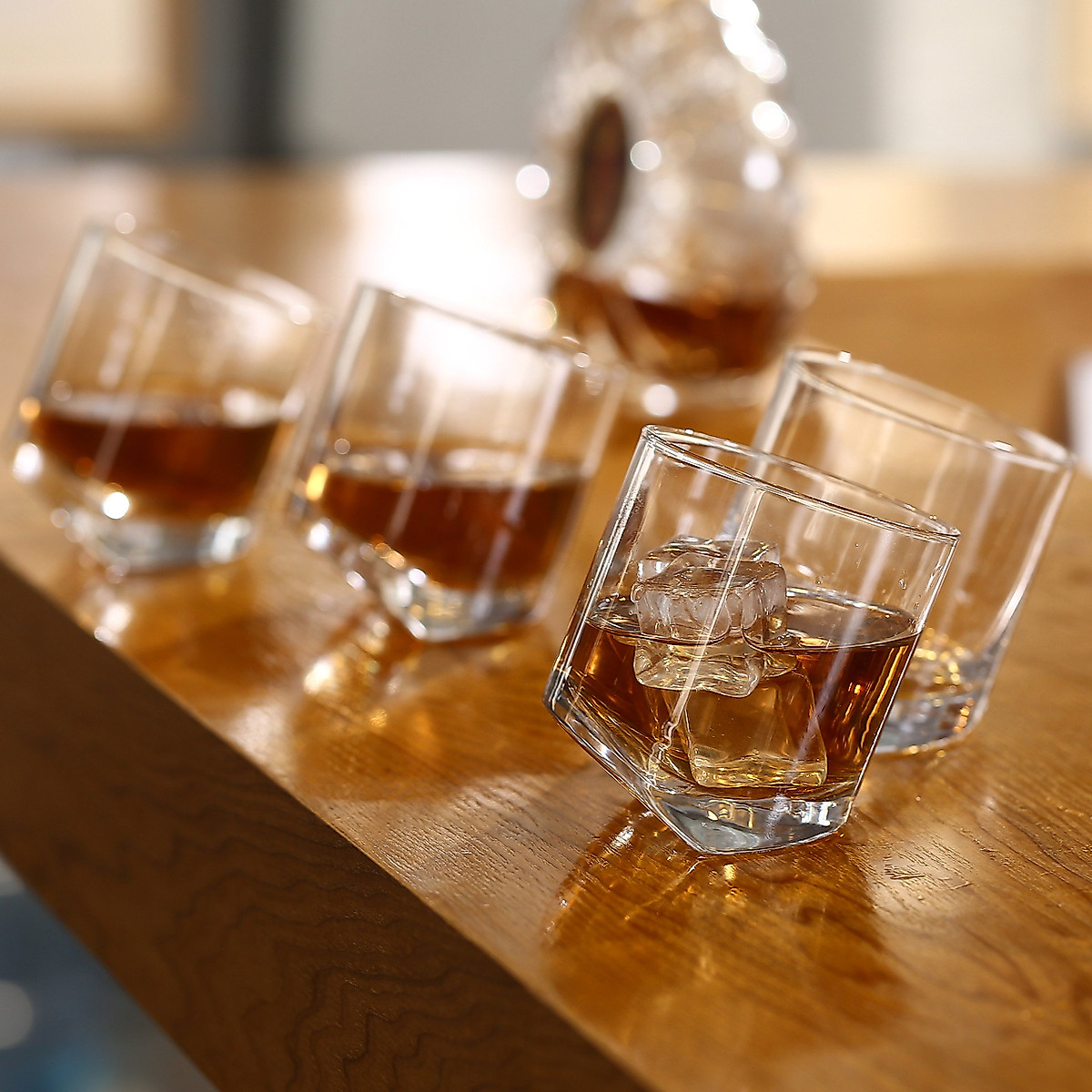 MyGift Tilting Whiskey Glass Set of 4, Highball Tumbler Clear Glasses (10oz) in Gift Box