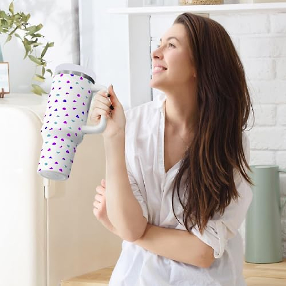 Jihqo Little Triangle Polka Dots 40 oz Stainless Steel Vacuum Insulated Tumbler with Handle and Straw Lid, Leakproof Water Bottle Double Wall Travel Mug Coffee Cup, Cupholder Friendly