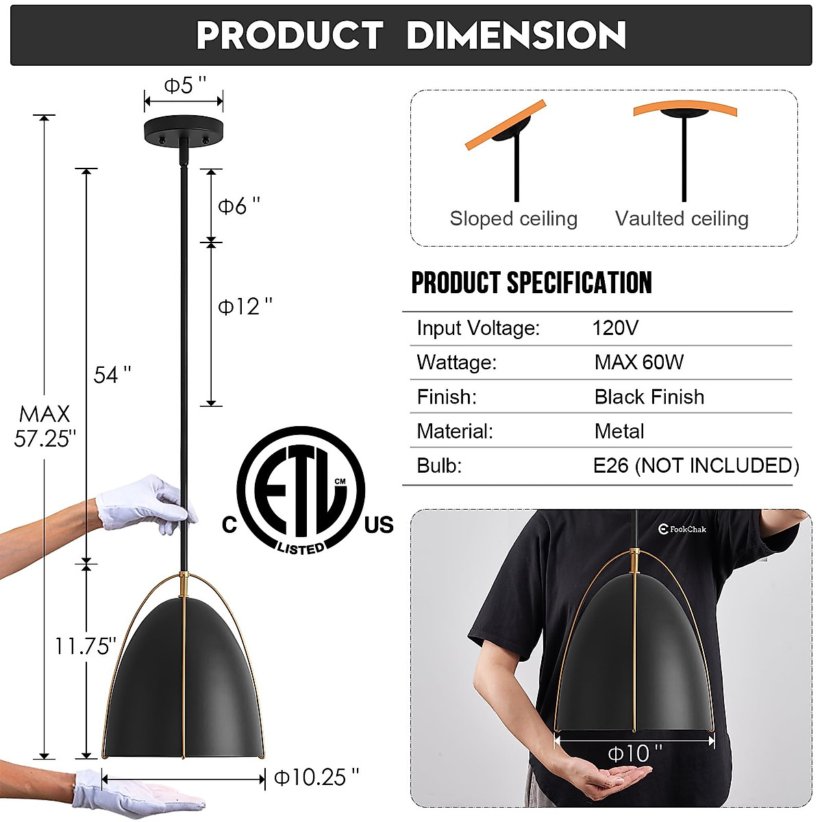 FookChak Black Dome Pendant Light 10in 1-Light Kitchen Pendant Lighting Egg-Shaped Black Gold Pendant Light Fixture for Kitchen Island, Dining Room,Kitchen Sink,Bar,10inԺåE26