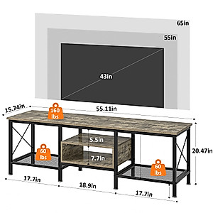 VECELO Industrial TV Stand for 65 Inch Television Cabinet 3-Tier Console with Open Storage Shelves, Entertainment Center Metal Frame for Living Room, Bedroom, 55 Inch, Grey