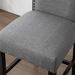 LSSPAID Bar Stools Set of 2, 24 inch Counter Height Bar Stool Kitchen Island Wood Bar Chairs, Fabric Upholstered Barstools with Bronze Nail Backrest, Grey