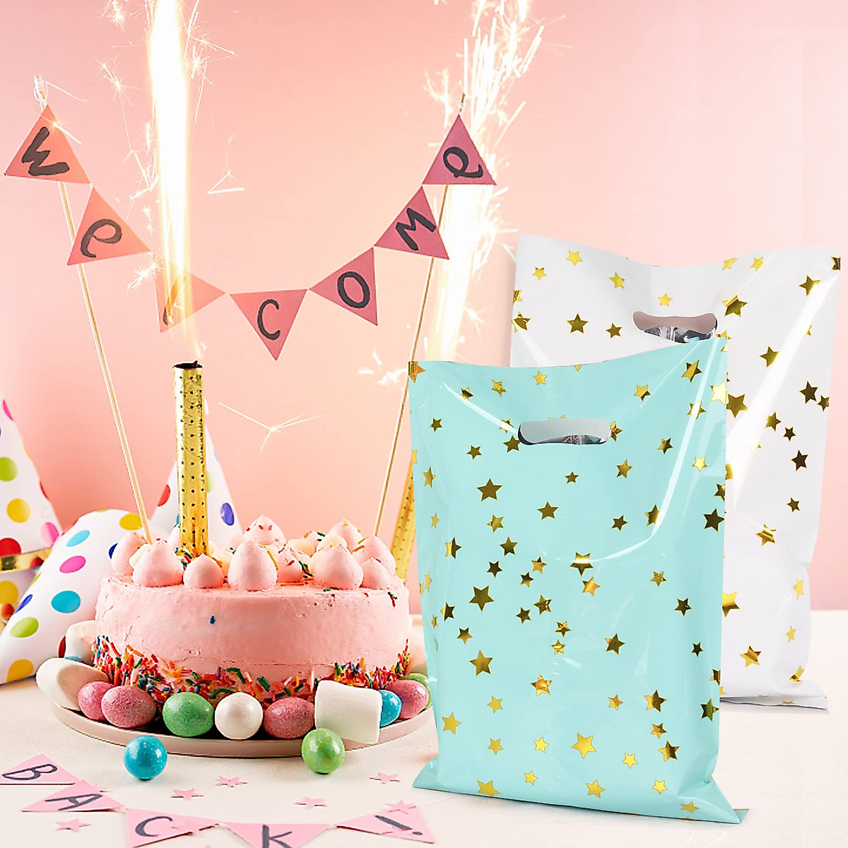 30 Pieces Star Plastic Party Favor Bags Double-Sided Treat Bags with Handles for Baby Shower,Wedding,Birthday,Party Supplies