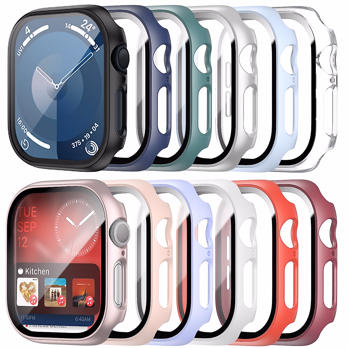 12 Pack Case with Tempered Glass Screen Protector for Apple Watch 44mm SE 2 Series 6 5 4 SE, Cuteey Full Protective Matte PC Cover for Iwatch 44mm Accessories