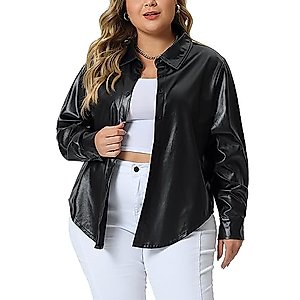 Agnes Orinda Plus Size Faux Leather Jacket Shacket for Women Motorcycle Biker Button Down Shirts 2X Black