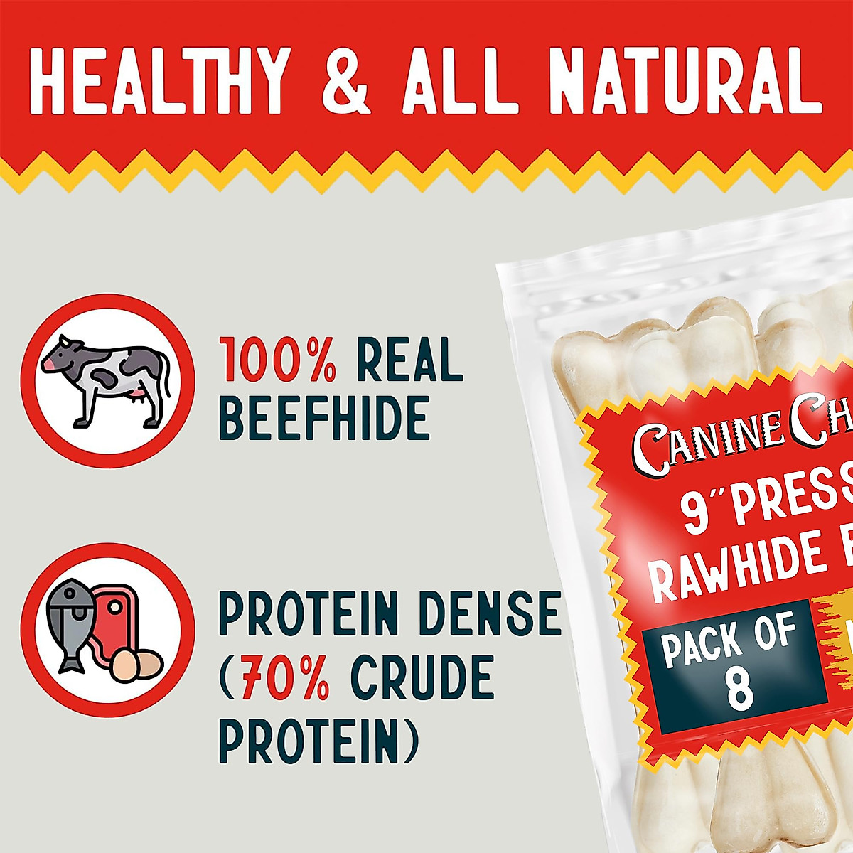 Canine Chews Pressed Rawhide Bones for Large Dogs - 9" Long Lasting Dog Chews - Compressed Beefhide Large Dog Chew Bones - Chew Toy Dog Bones - Raw Hide Bones Dog for Aggressive Chewers (9 inch, 8pk)