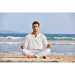 COOFANDY Men's 2 Pieces Cotton Linen Set Henley Shirt Long Sleeve and Casual Beach Pants Summer Yoga Outfits