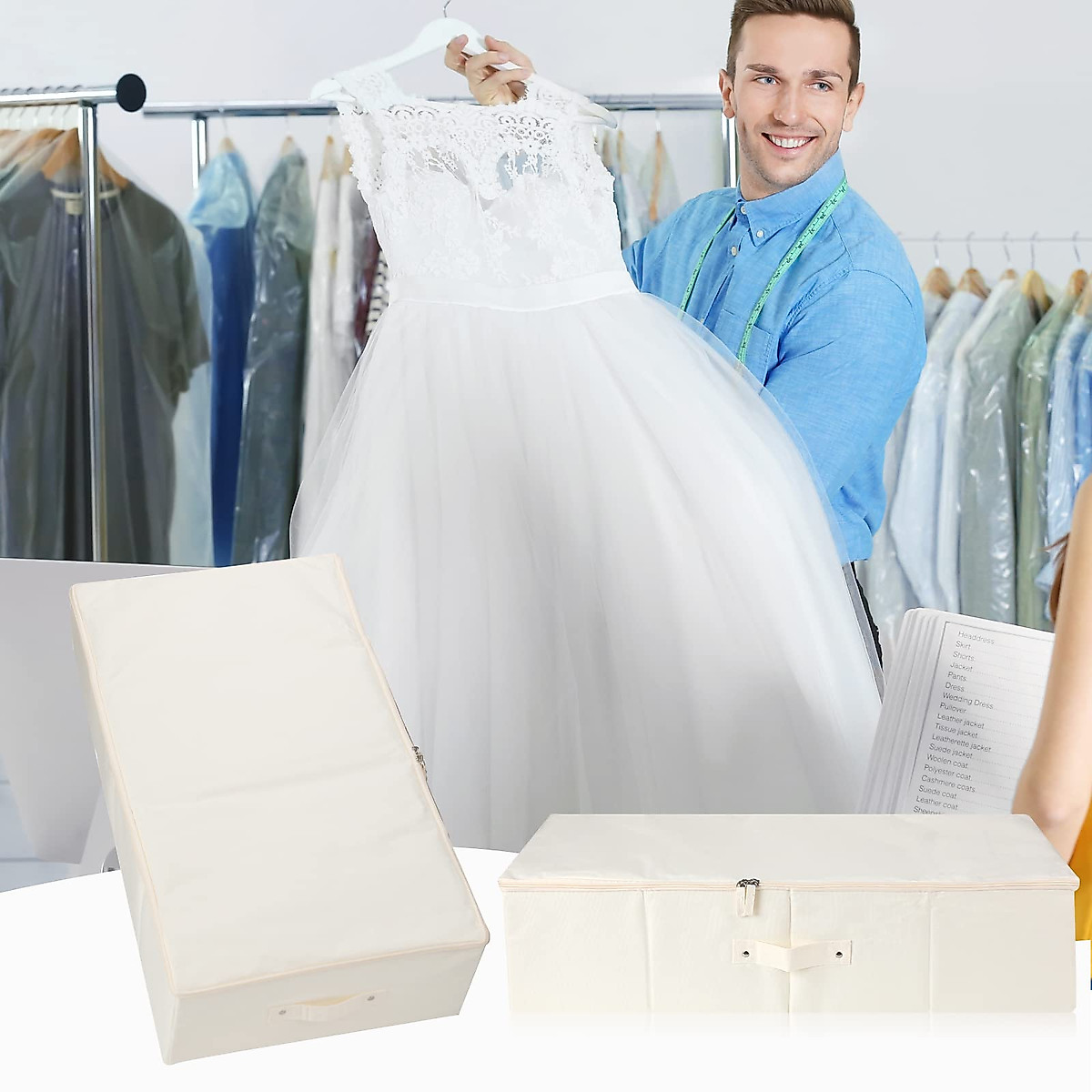 Glenmal Wedding Dress Preservation Box Kit Wedding Dress Storage Box with 1 Pair Microfiber Gloves and 100 Sheets of Acid Free Tissue Paper for Storage Wedding Dress Gown Bride, 28 x 15.7 x 7 Inches