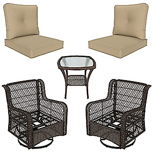 MOOLINCO 3 Pieces Swivel Rocking Chairs Set, Patio Furniture Set, with 2 Wicker Chairs, a Coffee Table and 2 Cushions, Indoor and Outdoor Universal Wicker Rocker (Khaki)