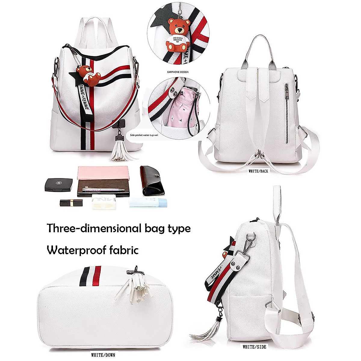 Taremoci women's backpack handbag large capacity leather bag cute women's mini backpack, black, white (White)