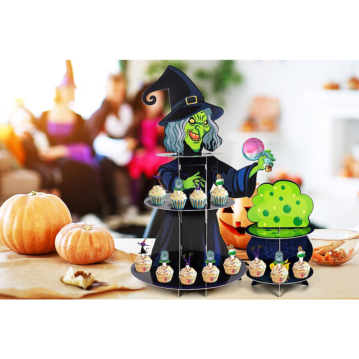 2 Set Halloween Witch Cupcake Stand Decorations, 3 - Tier Cardboard Cauldron Tray Holder Plus 24 Cake Toppers Birthday Party Supplies Decor（Assembly Needed）