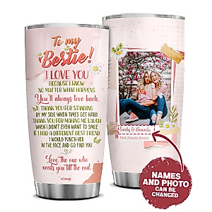 wowcugi Personalized Bestie Tumbler Cup With Lid 20oz 30oz Customized Best Friend Stainless Steel Double Wall Vacuum Insulated Tumblers Birthday Christmas Friendship Gifts Custom Photo Women BFF