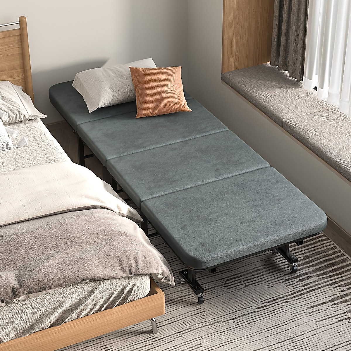 LEAIJIAFY Foldable Bed Sleeping Cot with Casters and 1.57" Latex Mattress,Temporary Bed Guest Rollaway Bed with Adjustable Backrest,Sturdy Metal Bed Frame,for Lunch Break Nap,Black,74.80" *23.62"