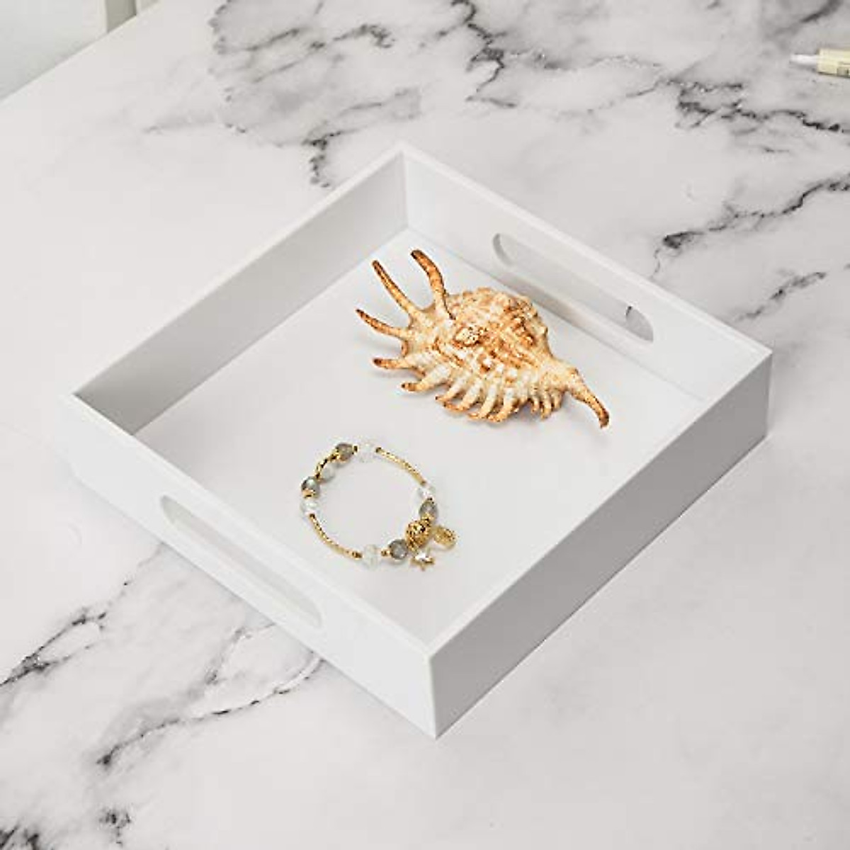 KEVLANG White Sturdy Acrylic Tray with Handles-8x8 Inch- Countertop Organizer Tray for Kitchen,Bathroom,Office- Storage Box for Cosmetics, Jewelry,Toiletries,Toy,Gadgets