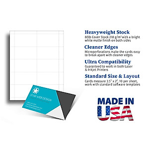 Heavyweight White Blank Business Card Paper - 20 Sheets / 200 Business Cards - 80lb Cover / 218 gsm - Inkjet & Laser Printer Compatible - Standard 3.5 x 2 Inches