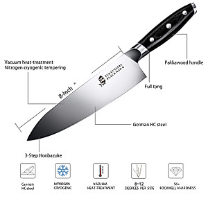 TUO Chef Knife -Professional Kitchen Chefs Knife Cooking Knife Gyuto Knives 8 Inch,Razor Sharp German HC Steel Japanese Chef Knife with Ergonomic Pakkawood Handle - BLACK HAWK SERIES in Gift Box